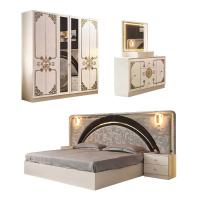 China Modern Luxury White Gold Complete Bedroom Sets High Gloss LED Headboard King Size Bed Wooden Frame Master Bedroom Furniture Set for sale