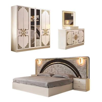 China Modern Luxury White Gold Complete Bedroom Sets High Gloss LED Headboard King Size Bed Wooden Frame Master Bedroom Furniture Set for sale