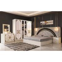 China Modern Luxury White Gold Complete Bedroom Sets High Gloss LED Headboard King Size Bed Wooden Frame Master Bedroom Furniture Set for sale
