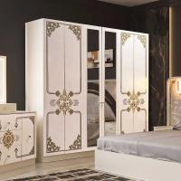 China Modern Luxury White Gold Complete Bedroom Sets High Gloss LED Headboard King Size Bed Wooden Frame Master Bedroom Furniture Set for sale