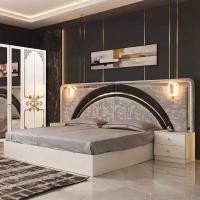 China Modern Luxury White Gold Complete Bedroom Sets High Gloss LED Headboard King Size Bed Wooden Frame Master Bedroom Furniture Set for sale