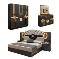 China Turkish Royal Luxury Complete Bedroom Sets king Size Bed Room Suite Lighted Headboard Wooden Frame Modern Bedroom Furniture Set for sale