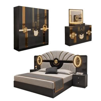 China Turkish Royal Luxury Complete Bedroom Sets king Size Bed Room Suite Lighted Headboard Wooden Frame Modern Bedroom Furniture Set for sale