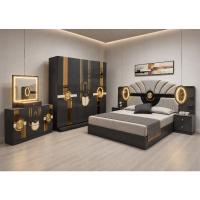 China Turkish Royal Luxury Complete Bedroom Sets king Size Bed Room Suite Lighted Headboard Wooden Frame Modern Bedroom Furniture Set for sale