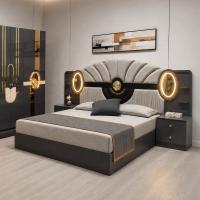 China Turkish Royal Luxury Complete Bedroom Sets king Size Bed Room Suite Lighted Headboard Wooden Frame Modern Bedroom Furniture Set for sale