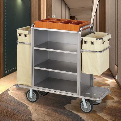 China Hotel Lobby Stainless Steel Housekeeping Cart Guest Room Service Trolley With Linen Bags for sale