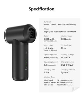 China 3-in-1 Portable Car Vacuum Blower 12V 6000mAh 7kPa Suction with Type-C Charging for sale