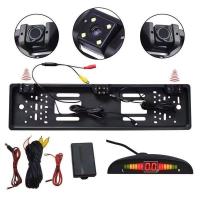 China European License Plate Frame Backup Camera 4 LED Lights Rear View Camera Integrated Reversing Radar Parking Sensor System for sale