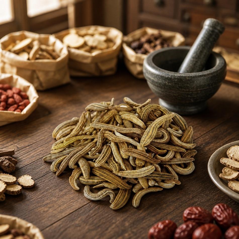 Traditional Chinese medicine ingredients on a rustic wooden table, with dried medicinal leech pieces set alongside paper bags of sliced roots, dried red dates and goji berries