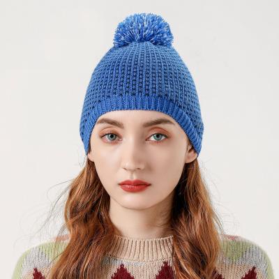 China Blue COMMON Beanie Hat With Pom Pom Winter Warm Knitted Hat for sale