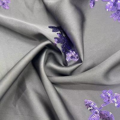 China Silk Elastic Satin Embroidery Piece 100% Polyester Fabric Purple Sequins For Dress for sale