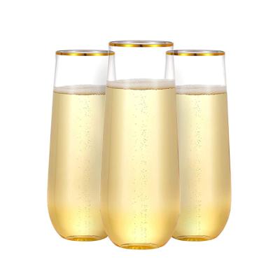 China Gold Rim Shatterproof Stemless Wine Glasses 9oz Disposable Champagne Cups for sale