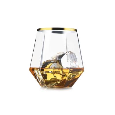 China Elegant Gold Rim Diamond Plastic Whisky Glasses Reusable Whiskey Rocks Glass for sale