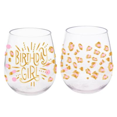 China 16 Ounce Acrylic Stemless Wine Glass Pink Leopard Unbreakable Drink Glasses for sale