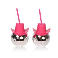 China Pink Cowboy Hat Disco Ball Cup With Straw 600ml 20oz Food Grade Plastic for sale