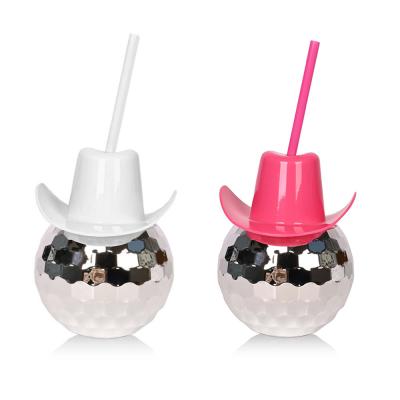 China Pink Cowboy Hat Disco Ball Cup With Straw 600ml 20oz Food Grade Plastic for sale