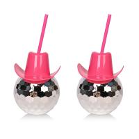 China Pink Cowboy Hat Disco Ball Cup With Straw 600ml 20oz Food Grade Plastic for sale