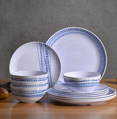 China 12pcs Rustic Melamine Dinnerware Set Dishwasher Safe Raind for sale