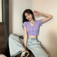 China Summer V Neck Women Crop Top , Single Breasted Short Sleeve Knit Crop Top for sale