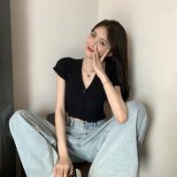 China Summer V Neck Women Crop Top , Single Breasted Short Sleeve Knit Crop Top for sale