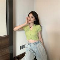 China Summer V Neck Women Crop Top , Single Breasted Short Sleeve Knit Crop Top for sale
