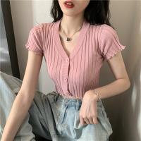 China Summer V Neck Women Crop Top , Single Breasted Short Sleeve Knit Crop Top for sale