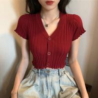 China Summer V Neck Women Crop Top , Single Breasted Short Sleeve Knit Crop Top for sale