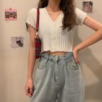 China Summer V Neck Women Crop Top , Single Breasted Short Sleeve Knit Crop Top for sale