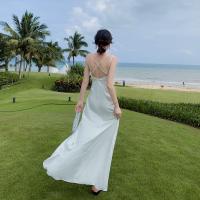 China White Split Suspender Long Womens Vacation Dresses Sexy Halter Low Cut V Neck for sale
