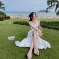 China White Split Suspender Long Womens Vacation Dresses Sexy Halter Low Cut V Neck for sale