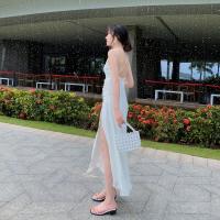 China White Split Suspender Long Womens Vacation Dresses Sexy Halter Low Cut V Neck for sale