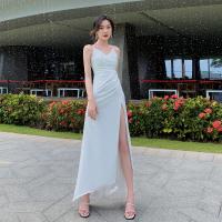China White Split Suspender Long Womens Vacation Dresses Sexy Halter Low Cut V Neck for sale