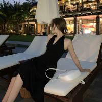 China Retro V Neck Sleeveless Halter Black A Line Midi Dress for sale