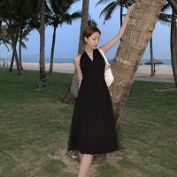 China Retro V Neck Sleeveless Halter Black A Line Midi Dress for sale