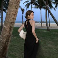 China Retro V Neck Sleeveless Halter Black A Line Midi Dress for sale