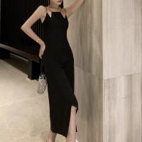 China Retro Irregular Hem Suspender Sexy Elegant Black Dress for sale