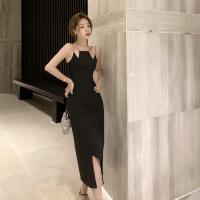 China Retro Irregular Hem Suspender Sexy Elegant Black Dress for sale
