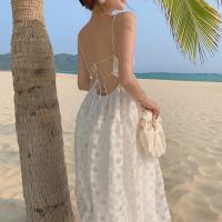 China Sexy Back Tie Strap 115cm White Sleeveless Beach Dress Mid Length for sale