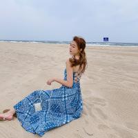 China Blue Back Tie Halter Strap 104cm Bohemian Beach Dress for sale