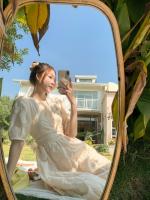 China Back Tie Bow Waist Puff Sleeve A Line Dress for sale