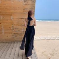 China Backless Tie 136cm Black Chiffon Beach Dress V Neck Halter Strap Split for sale