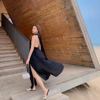 China Backless Tie 136cm Black Chiffon Beach Dress V Neck Halter Strap Split for sale