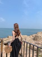 China Backless Tie 136cm Black Chiffon Beach Dress V Neck Halter Strap Split for sale