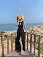 China Backless Tie 136cm Black Chiffon Beach Dress V Neck Halter Strap Split for sale