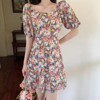 China Floral Painting Print A Line Puff Sleeve Mini Dress Leisure Holiday Style for sale