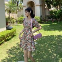 China Floral Painting Print A Line Puff Sleeve Mini Dress Leisure Holiday Style for sale
