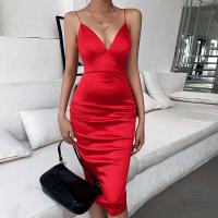 China Solid Color 98cm Sexy Women Dresses , Backless Bodycon Strap Dress V Neck for sale