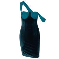 China Velvet Stitching Sexy Women Dresses Pleated One Shoulder Bodycon Midi Dress for sale