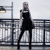 China European and American modern punk style dark black sexy mesh stitching perspective hollow dress for sale