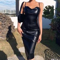 China Nightclub sexy low-cut halter back slim black leather wrap suspender dress in stock for sale
